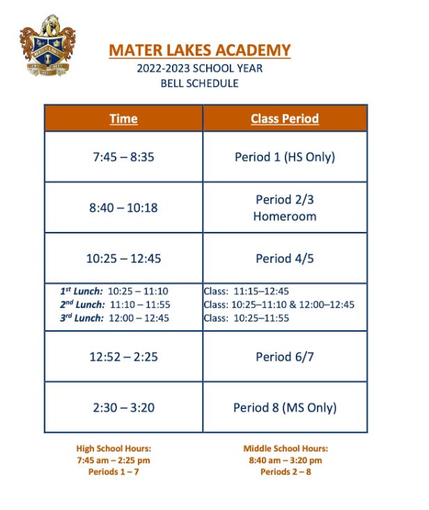 Mater Lakes Collegiate Academy Bell Schedule